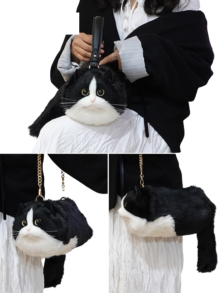 Black and White Plush Furry Cat Shoulder Bag Long Chain Crossbody