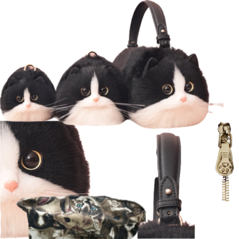 Black and White Plush Furry Cat Shoulder Bag Long Chain Crossbody