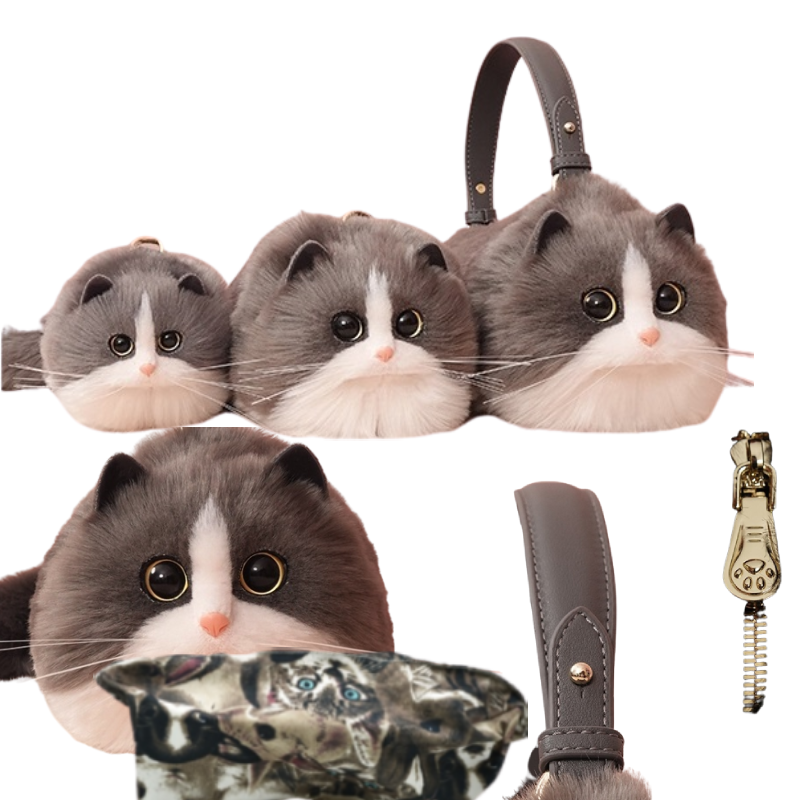Furry Plush Gray White Cat Shoulder Bag Crossbody Purse - Kitty Handbag